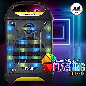 Pyle Portable Bluetooth Karaoke Speaker System - Audio Recording Function, 32 GB USB/SD Card Support, Built-in Rechargeable Battery, Flashing DJ Light w/ Music Streaming & Handheld Mic PWMA275BT