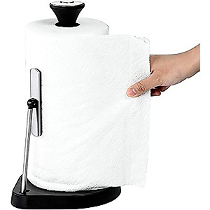 Single Tear Paper Towel Holder Countertop, Hystun Standing Paper Towel Holder Stainless Steel Tension Arm Paper Towel Holder Easy to Tear Paper Roll Dispenser Stand for Kitchen Countertop & Bathroom