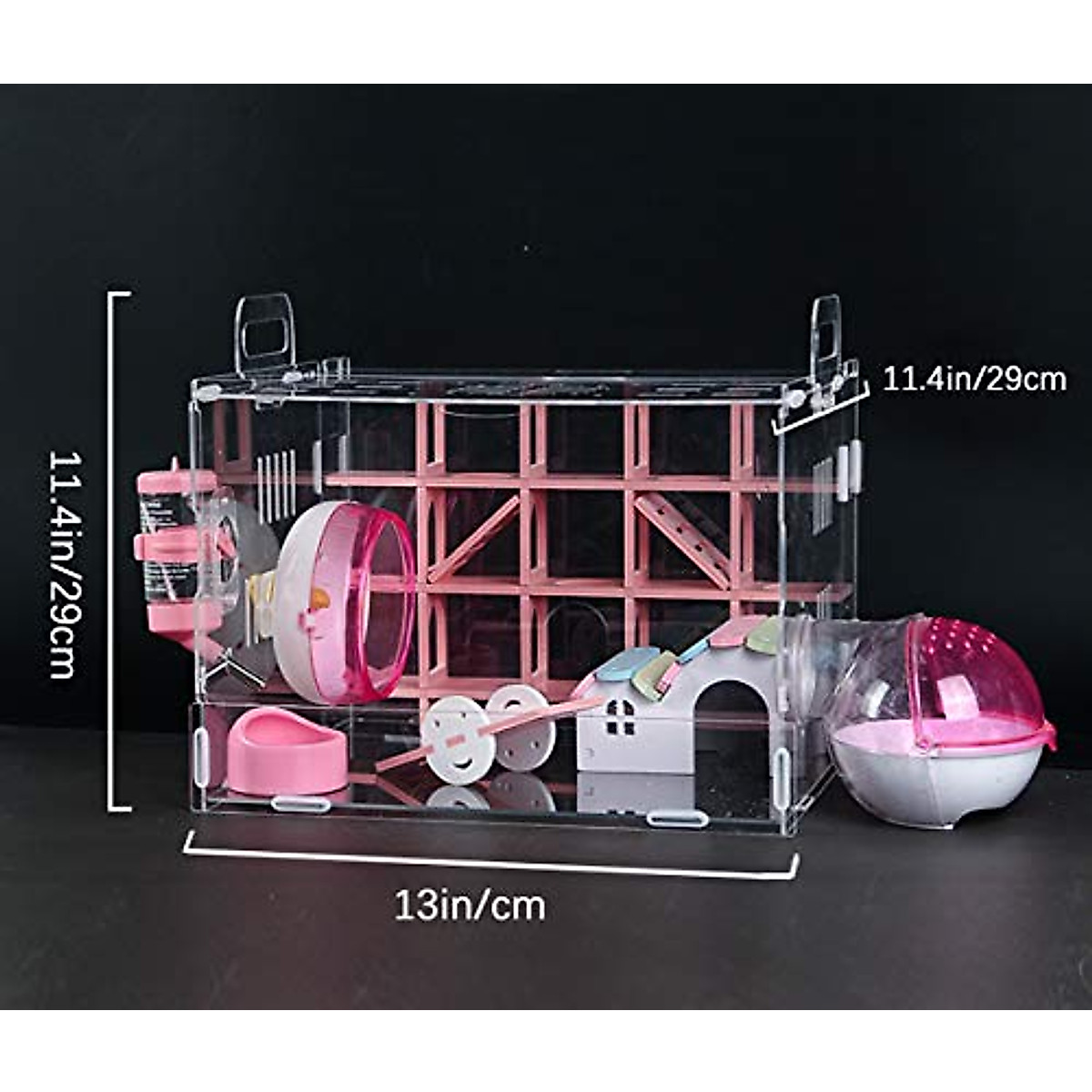 Nynelly Hamster Cage,Transparent Durable Small Animal Cage and Habitats House,Include Hamster Maze,Exercise Wheel, Water Bottle, Hamster Hideout, Food Bowl,Pink,13" L x 11.4" W x 11.4" H