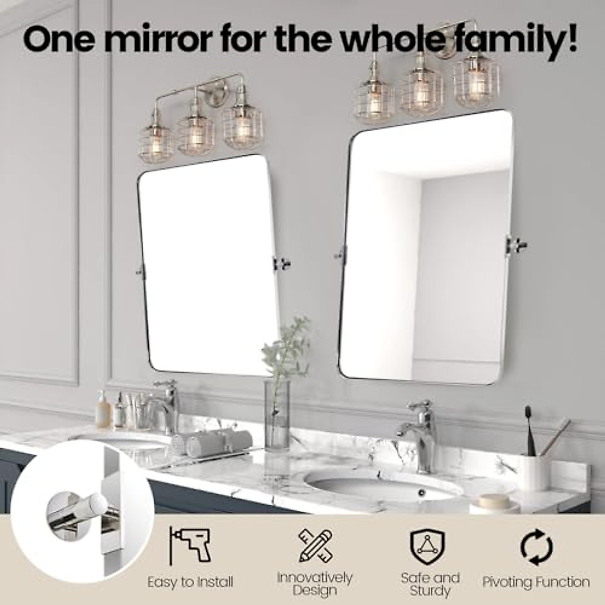 MOON MIRROR Polished Chrome Pivot Mirror for Bathroom, Tilt Bathroom Vanity Mirror,Rounded Rectangle Pivoting Mirror, Overall 24.33 x 28 inches(Mirror 20 x 28 inches)