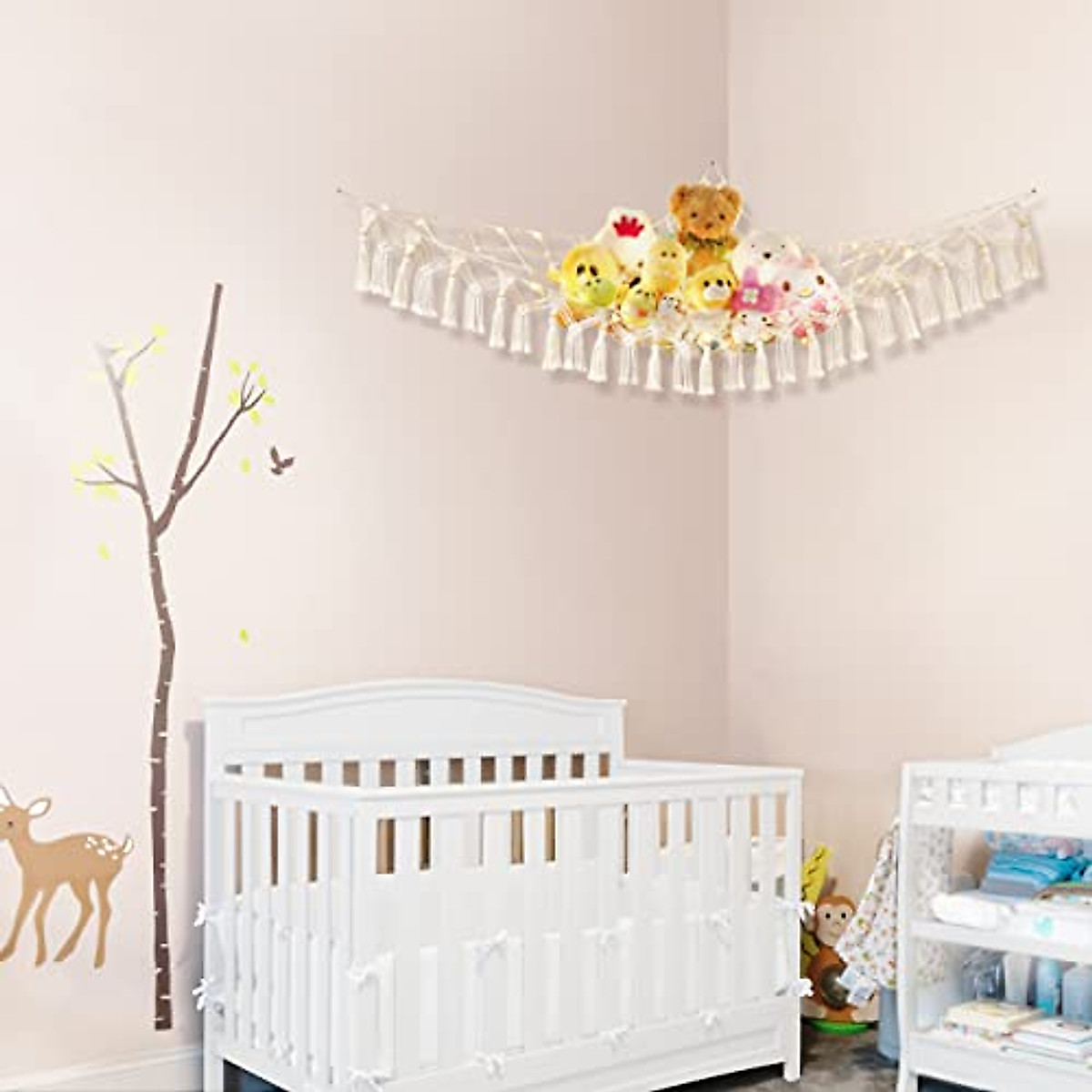 Isuesee Stuffed Animal Net or Hammock Macrame Toy Holder with String Lights Wall Mounted Hanging Corner Toys Storage Organizer Boho Decor for Nursery Kids Room