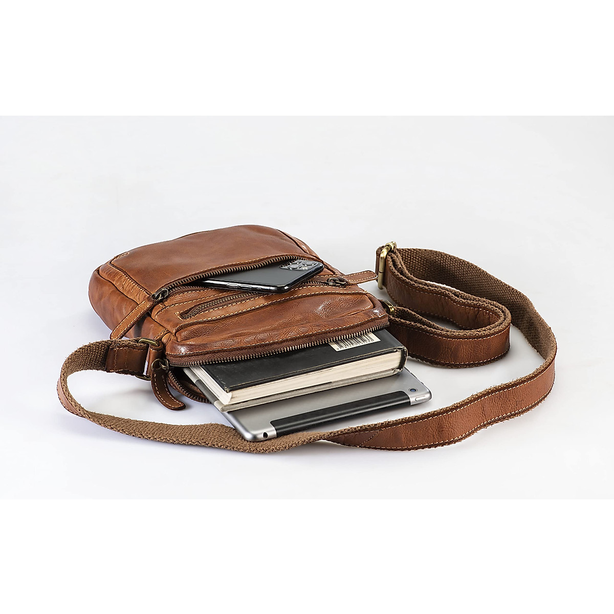 PICCO MASSIMO Premium quality leather made Cross Body Bags for men and women |Spacious Separate Compartments With Zipper and Adjustable straps (TAN Colour)