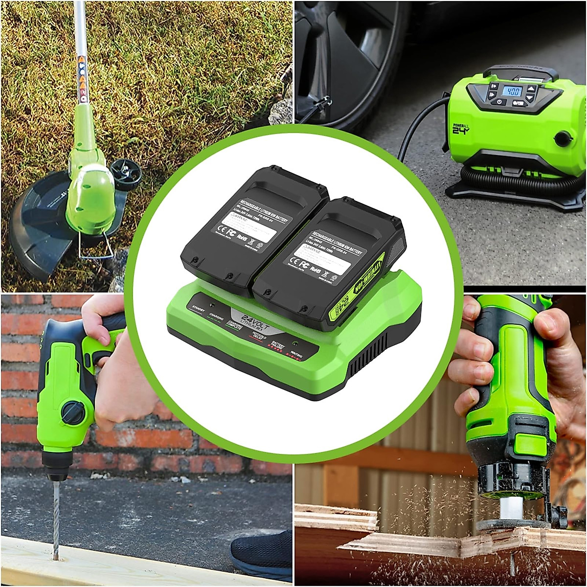 energup 2Pack 24V 3.5Ah Replacement Greenworks 24V Lithium Battery 29842 29852 29322 BAG709 BAG710 20352 22232 2508302 for Greenworks 2X24V + 2Port 29862 Charger for G-24 Greenworks 24V Battery