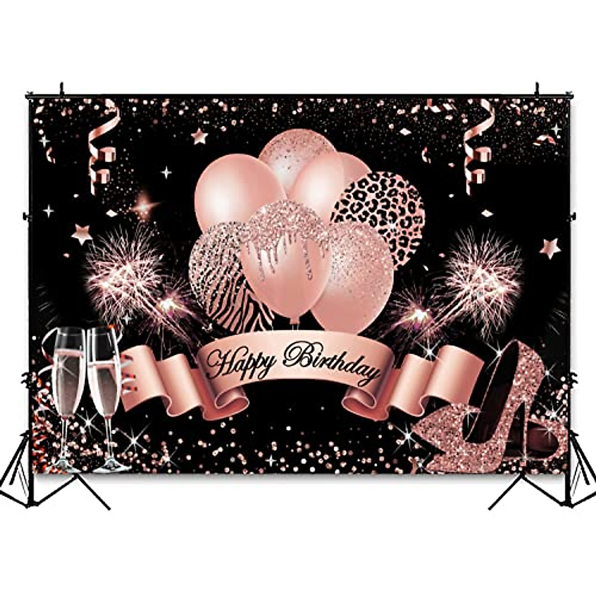InMemory Rose Gold Birthday Backdrop for Women Girls Happy Birthday Photography Background Glitter Balloons Champagne Heels Black Gold Sequin Dots Decorations Sweet Bday Party Photo Booth Banner 7x5ft
