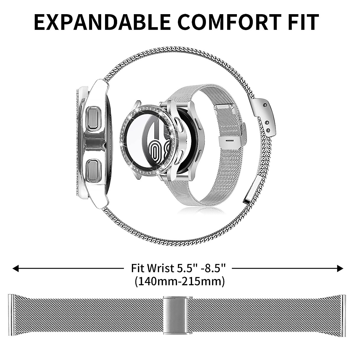 JOYOZY Bands Compatible with Samsung Galaxy Watch 4 40mm with Screen Protector Case,20mm Quick Release Watch Band Stainless Steel Strap & Diamond Bezel Case Cover for Galaxy Watch 4