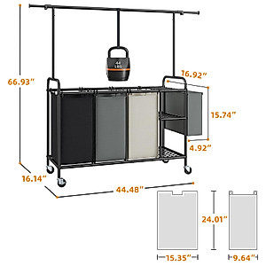 Raybee Laundry Hamper, Laundry Basket, Laundry Sorter, 200L（53Gal）Laundry Basket with Wheels, Laundry Sorter 3 Section, Laundry Hamper with 13" Adjustable Hanging Bar and 3 Tier Shelves