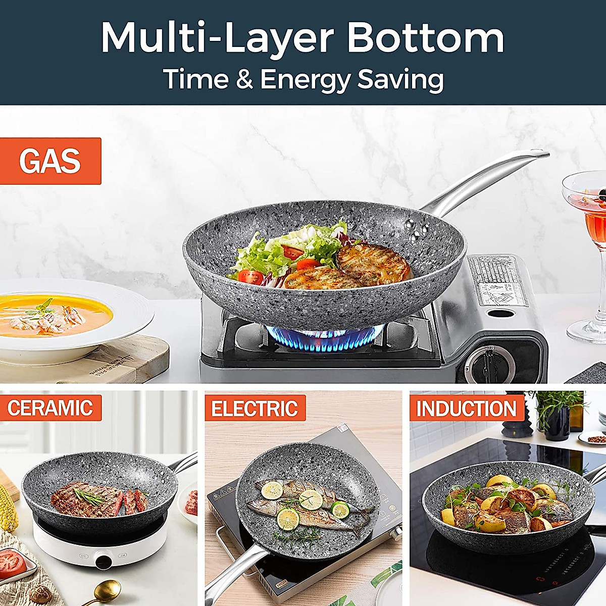 KOCH SYSTEME CS 8"+11" Premium Nonstick granite stone Frying Pan Sets, Gray Nonstick Frying Pan Sets with Lids, Aluminum Pan for Effortless Cooking, Kitchen Cookware Sets Compatible for all Stoves