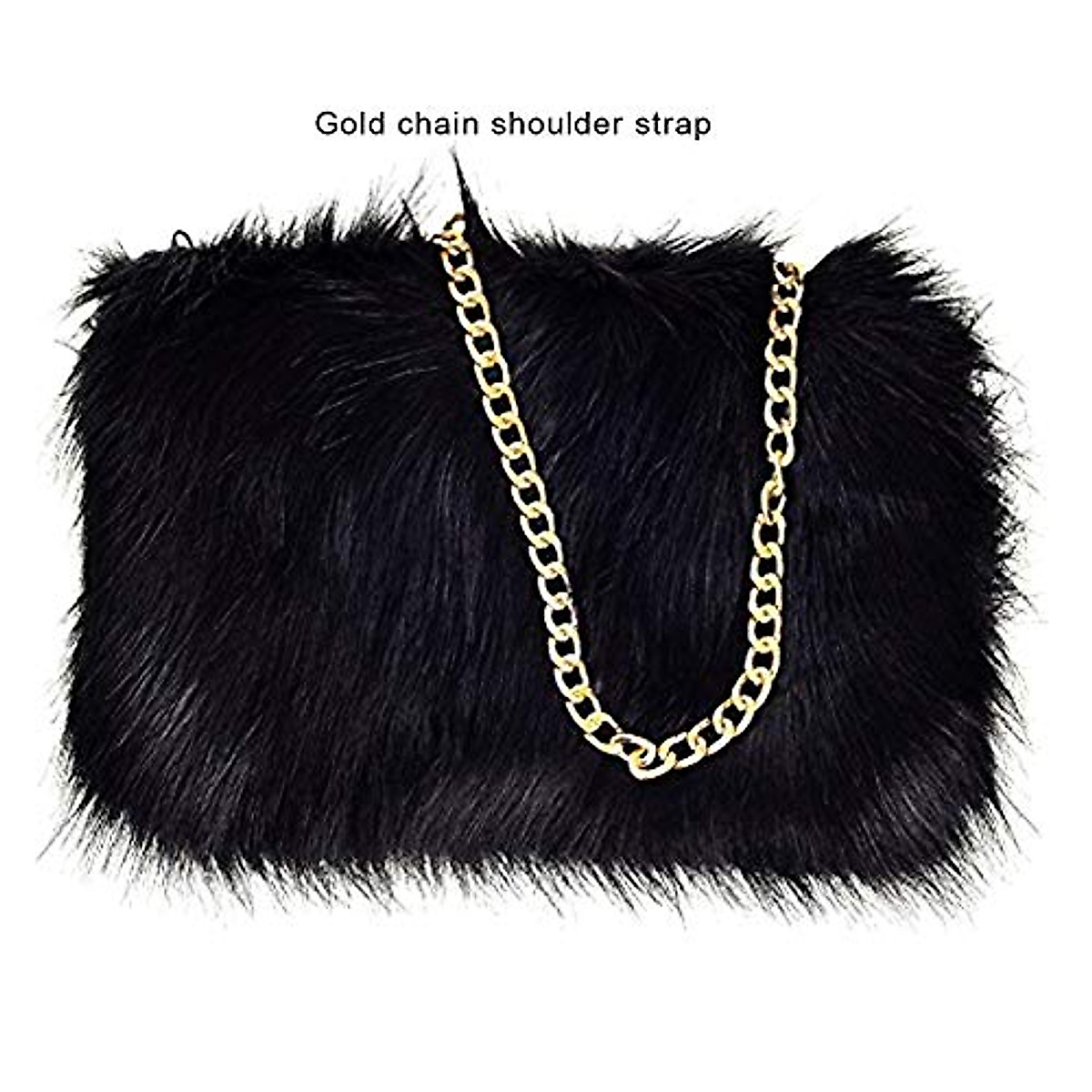 FHQHTH Faux Fox Fur Purse Fuzzy Handbags for Women Evening Handbags Al alloy Shoulder Strap [Black]