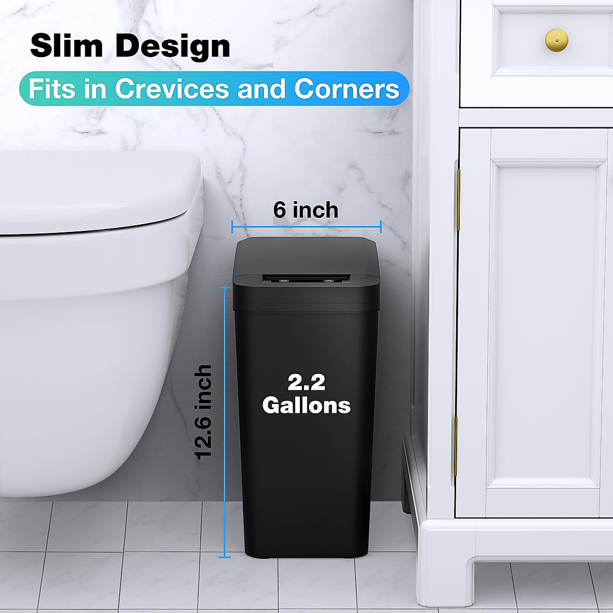 OKSOTY Bathroom Trash Can with Lid, 2.2 Gallon Automatic Touchless Garbage Can, Smart Motion Sensor Small Trash Can, Slim Plastic Trash Bin for Bedroom, Office, Living Room, Kitchen(Black)