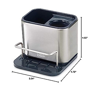 Joseph Joseph Surface Sink Caddy Stainless Steel Sponge Holder Organizer Tidy Drains Water for Kitchen, Small, Silver