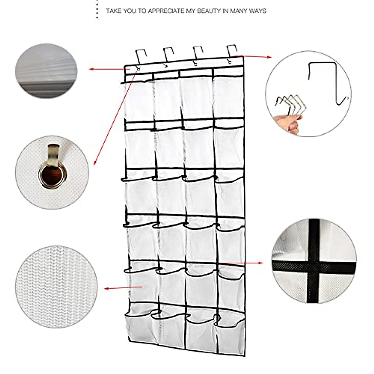 Shoe Organizer Hanging Over the Door, 24 Large Mesh Pockets behind Door Shoe Holder for Bedroom Closet with 4 Hooks (Grey)