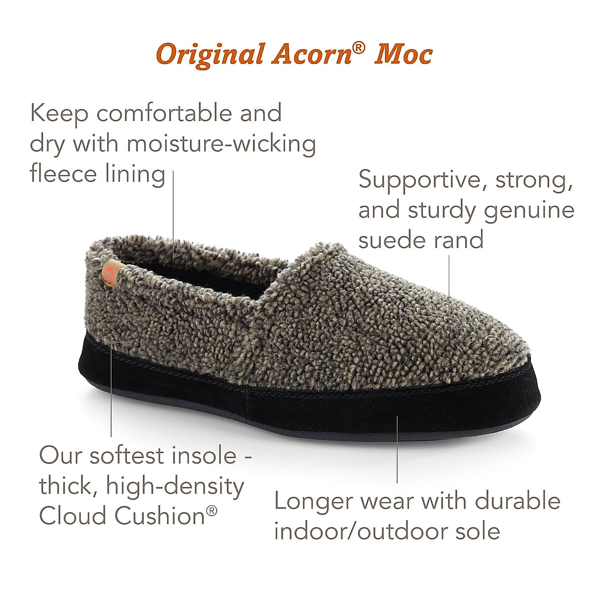 Acorn Mens Moc Slippers, Black Berber, 12-13