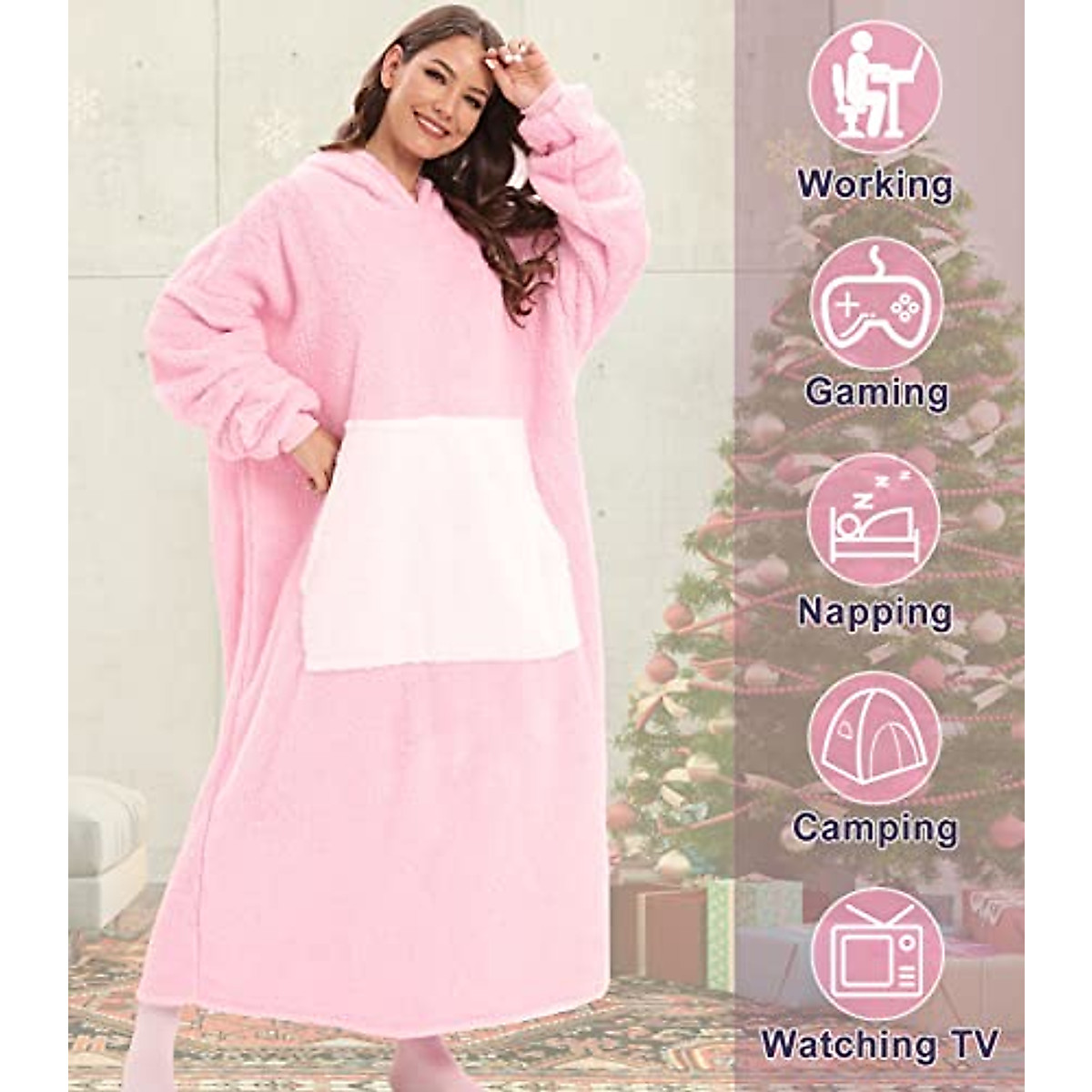 Wearable Blanket Hoodie Oversized Sherpa Blanket Sweatshirt for Women Men Adult teens With Cute Animal Hood and Giant Pocket