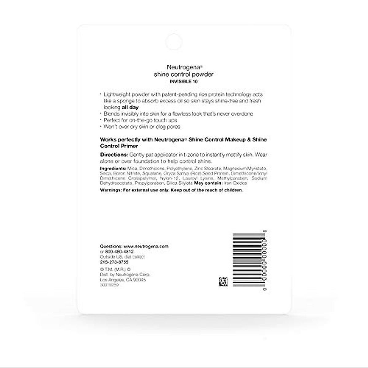 Neutrogena Shine Control Mattifying Face Powder for Oily or Combination Skin, Lightweight & Oil-Absorbing Powder with Rice Protein, Compact with Application Sponge, Invisible 10,.37 oz.