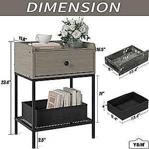 Y&M Nightstand, 1PC 2-Tier Side Table with Drawer, Modern Bedside Table Night Stand Storage Shelf for Small Spaces, Bedroom, Living Room, Wooden Accent Table with Metal Frame - Gray and Black