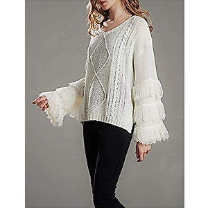 HZSONNE Women's Casual V Neck Tassel Bell Long Sleeve Boho Loose Kimono Cable Knit Pullover Sweater Jumper Tops (White, Large)