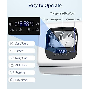 Joy Pebble Countertop Dishwasher, 28 Pieces Dishes/Cycle, 6 Washing Programs&Hot Drying, Dish Washer with 360°Dual Spray, with Child Lock&Delayed Start, Portable Dishwasher for Apartment/RV/Dorm