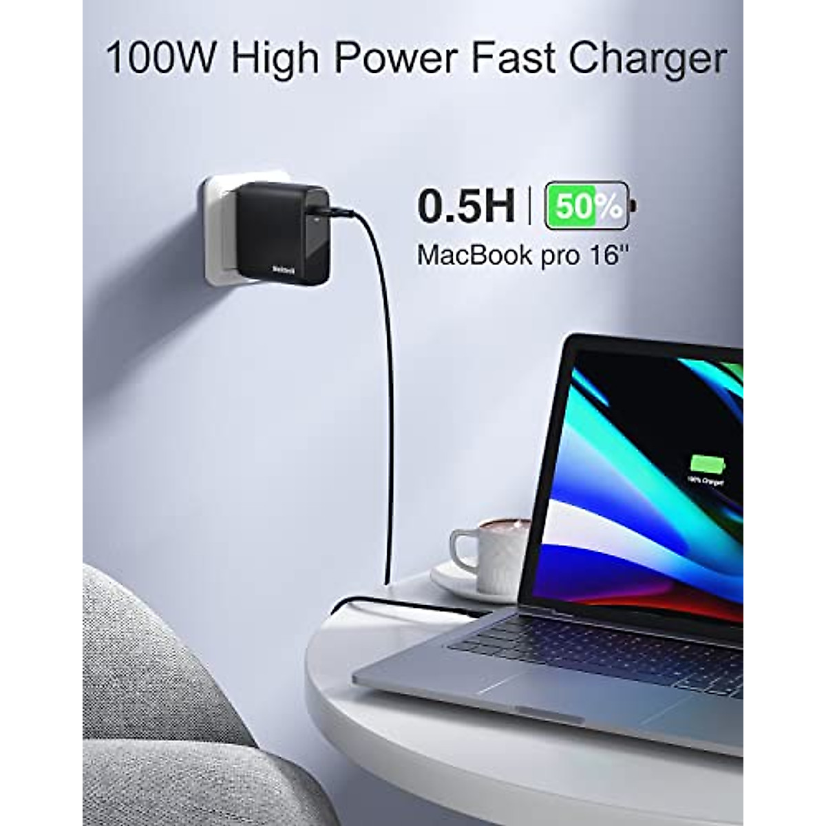 Nekteck 100W USB C Charger [GaN Tech & USB-IF Certified], PD 3.0 Adapter with Foldable Plug, Fast Wall Charger Compatible with MacBook Air/Pro, iPad Air/Pro, iPhone and More (Support MagSafe 3).