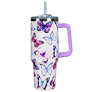 40 Oz Tumbler With Handle 40oz Purple Butterfly Tumbler With Lid Straw Double Insulated Travel Coffee Mug Butterfly Gifts For Women