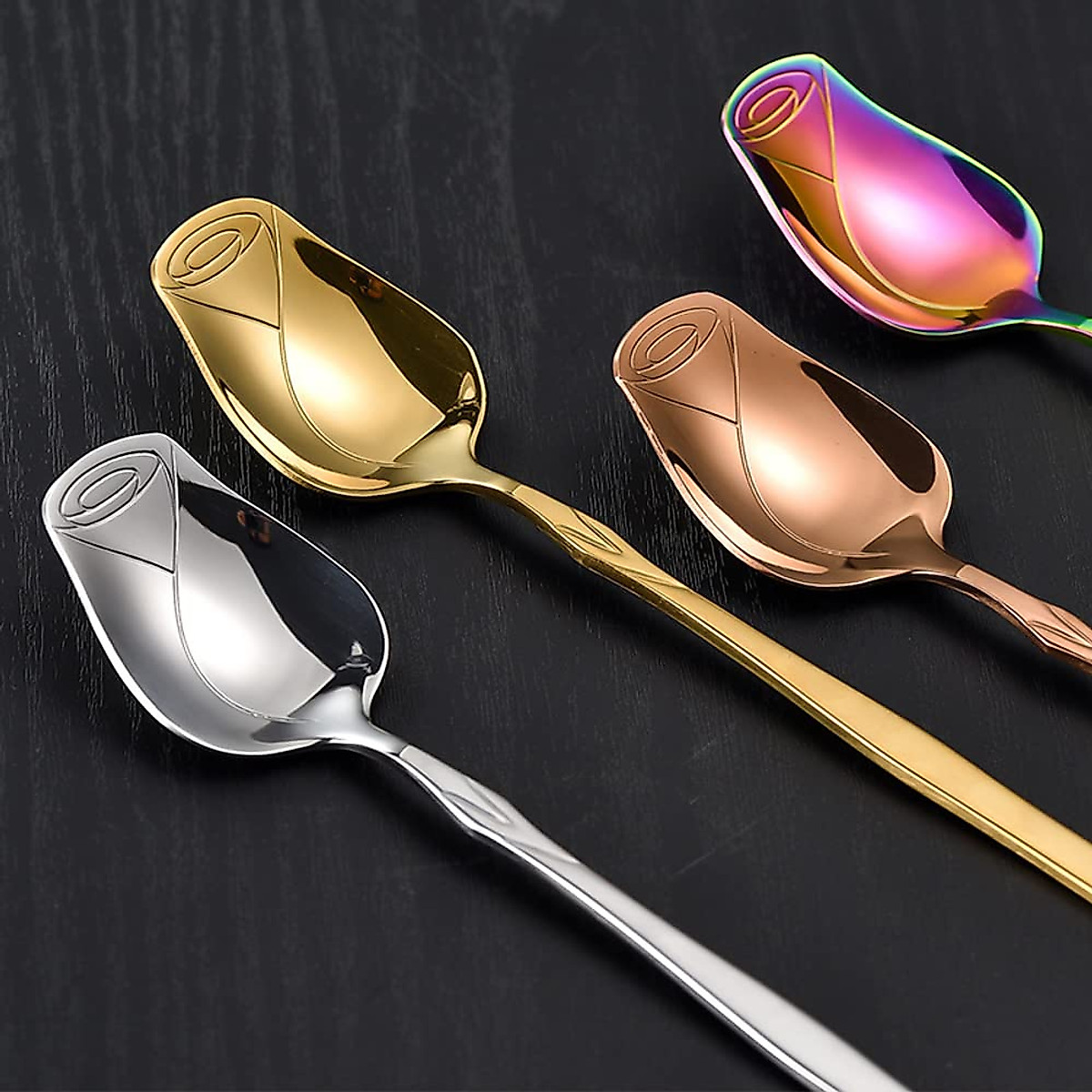 Stainless Steel Spoon Set 5 Pack, Rose flower shaped spoon, Coffee spoon，Dessert Spoon, Ice Cream Spoons, tea spoons，Love spoon, Cute holiday gift (Multicolor)
