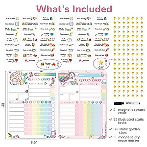 Magnetic Dry Erase Chore Chart for Two Kids, Reward Chart for Kids Behavior. Includes 52 Static Tasks, 126 Golden Stars and Unicorn & Iridescent Mermaid Magnetic Charts Each