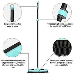 Rubber Broom Carpet Rake for Pet Hair Removal, Fur Remover Broom with 59" Telescoping Long Handle, Pet Hair Broom with Squeegee for Carpet, Hardwood Floor, Tile