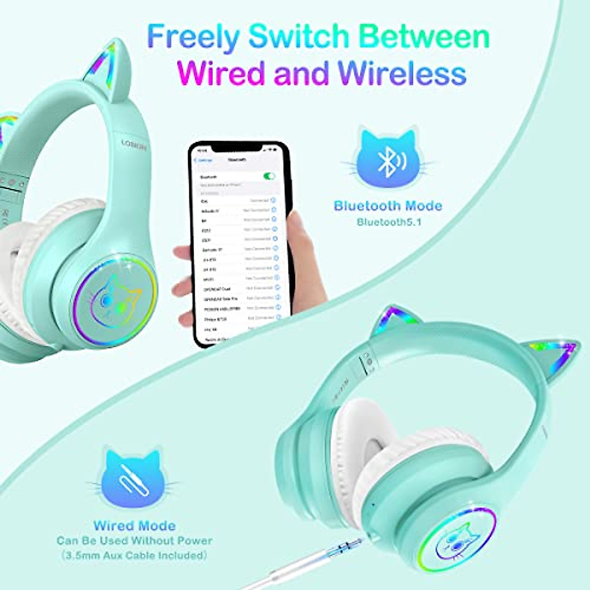 LOBKIN Bluetooth 5.3 Kids Headphones with Case - RGB LED Light Up Cat Ears Foldable Adjustable On-Ear Headset Support Wireless or 3.5mm Wired Mode for Toddler & Girls & Boys Teens (Green)