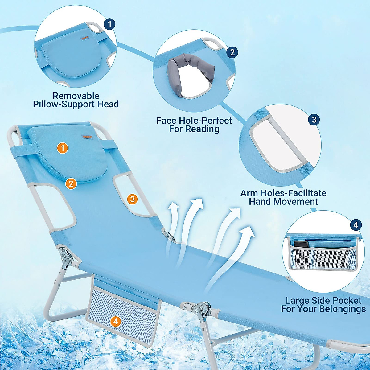 #WEJOY 2 Pack Beach Chaise Lounge Outdoor Lounge Chair with Face Hole Tanning Chair Lightweight Folding Reclining Beach Chair+Removable Pillow for Sunbathing,Patio,Indoor，Pool,Lawn,Backyard