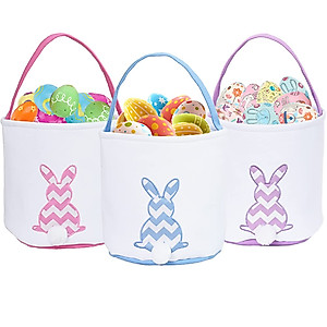 3 PCS Easter Bunny Basket - Canvas Cotton Easter Eggs Basket with Fluffy Tails - Perfect for Girls & Boys Easter Egg Hunts - Easter Baskets for Kids (Pink, Purple, Blue)