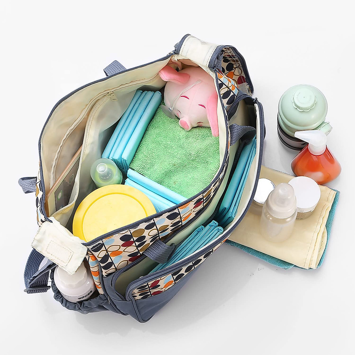 KOCASO Diaper Bag Tote,Baby Girl Boy Diaper Bag, 5 PCS Large Travel Hospital Diaper Bag Set with Changing Pad for Mom Dad,Travel Mat Station Gift Set(Grey)