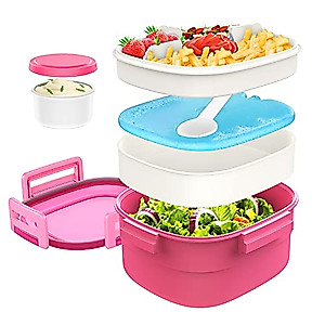 Stackable Salad Lunch Containers With Ice Pack, 1.3L Salad Bowls Bento Box Lunch Container with 4 Compartments Tray, 3oz Sauce Container for Dressings, Built-In Reusable Fork & BPA-Free (Pink)