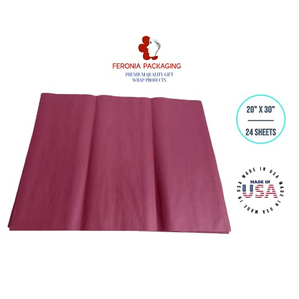 Burgundy Tissue Paper Squares, Bulk 24 Sheets, Premium Gift Wrap and Art Supplies for Birthdays, Holidays, or Presents by Feronia packaging, Large 20 Inch x 30 Inch