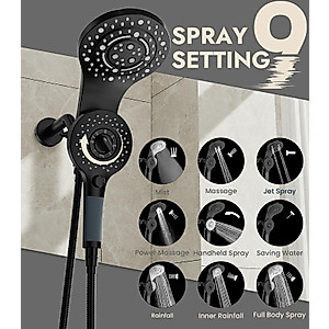 Shower Heads With Handheld Spray Combo, High Pressure 2 IN 1 Rainfall Shower Head with 9 Spray Modes, Anti-leak Shower Faucet with 72'' Stainless Steel Hose & Magnetic Hand Held Shower (Matte Black)