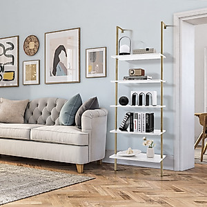 Giantex 5 Tier Modern Wall Mounted Bookshelf, 71'' White and Gold Wood Bookcase with Steel Frame, Stand Display Storage Rack Organizer Ladder Shelf for Living Room, Kitchen