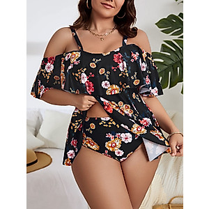SOLY HUX Plus Size 2 Piece Tankini Floral Print Swimsuit Ruffle Trim Bikini Set Tummy Control Bottom Bathing Suit
