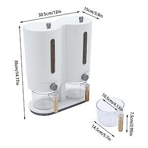 Xuthusman 11.02 lbs Dual Rice Dispenser with Two Measuring Cups, Free-standing Rice Dispenser, PP Dual Rice Storage Container 12 * 5.9 * 14.17in (White+Grey+Clear)
