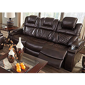 Signature Design by Ashley Warnerton Faux Leather Power Reclining Sofa with Adjustable Headrest, Brown