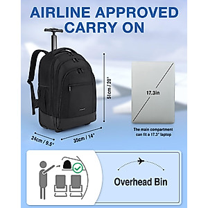 BAGSMART Rolling Backpack for Business, 17 Inch Laptop Backpack for Men Women Girl, Water Resistant Wheeled Travel Backpack for Luggage, College Student Computer Bookbag for School Work, Black