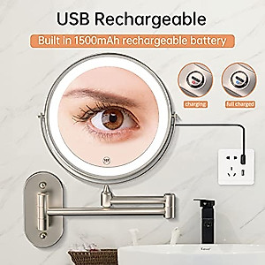 Rechargeable Wall Mounted Lighted Makeup Vanity Mirror 8 Inch Double Sided 1X 10X Magnifying Bathroom Mirror, 3 Color Lighting, Touch Screen Dimming, Extended Arm 360 Rotation Shaving Light up Mirror