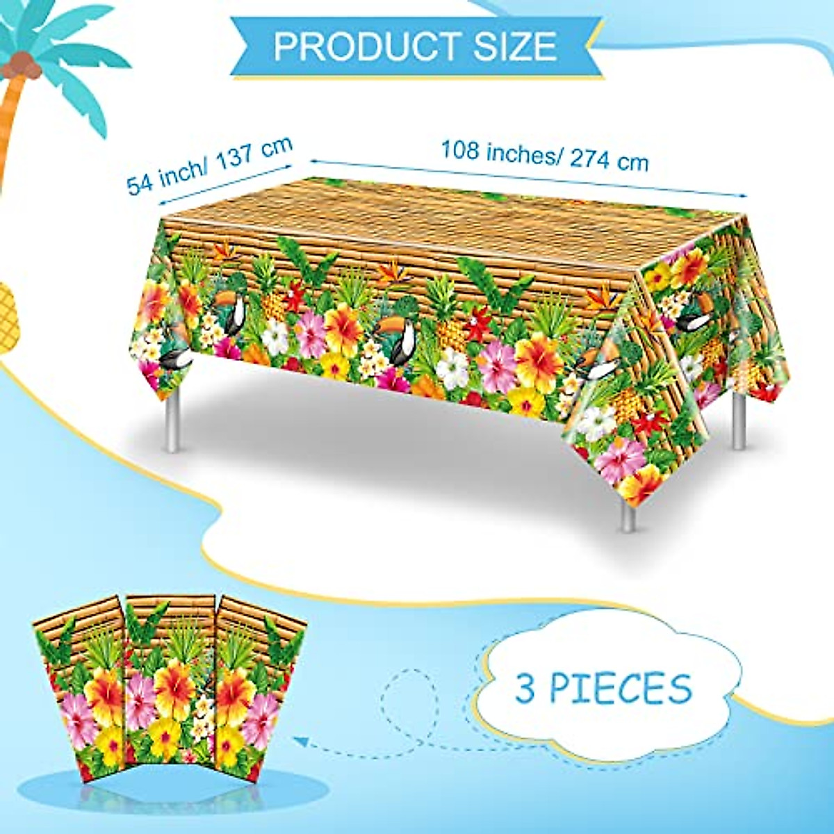 3 Pcs Tiki Tablecloth Tiki Decorations Luau Table Cover Hawaiian Party Plastic Table Cloth Disposable Tiki Totem Decor for Hawaii Beach Tropical Decoration Supplies Aloha,108 x 54 in(Modern Patterns)