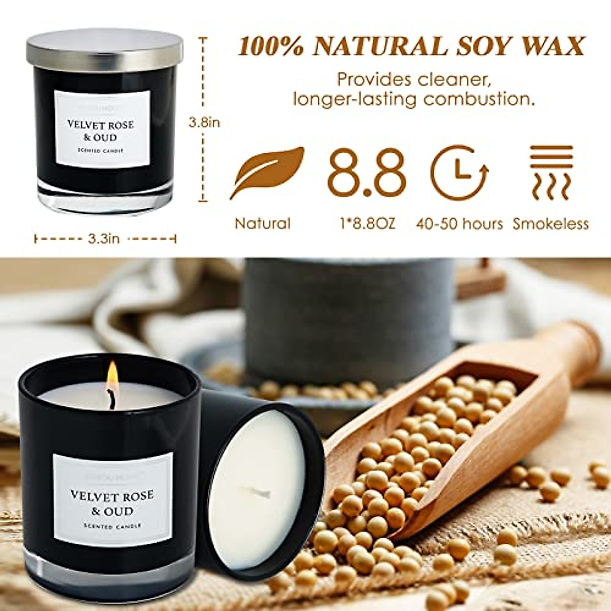 JINZAIYUAN Velvet Rose Oud Candles for Home Scented, 8.8oz Large Scented Candles for Women & Man, Natural Soy Wax Jar Candle Gifts for Birthday Christmas, 45H Long Burning Candle
