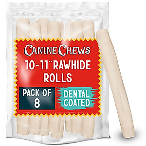 Canine Chews 10-11" Dental Coated Jumbo Rawhide Retriever Rolls (8 Pack) - Breath Freshening & Long Lasting Dental Chews for Dogs Large Size - Teeth Cleaning Dog Treats for Aggressive Chewers