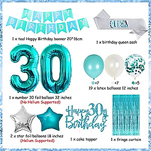30th Birthday Decorations for Women Girls Teal - Queen Sash Happy Birthday Banner Cake Topper Number 30 Foil Balloon Foil Curtain for Turquoise Thirtieth Birthday Decorations Party Supplies for Her