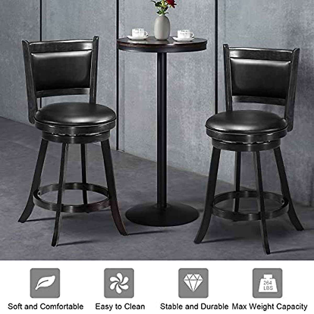 COSTWAY Bar Stools Set of 2, 360 Degree Swivel, Accent Wooden Swivel Back Counter Height Bar Stool, Fabric Upholstered Design, PVC Cushioned Seat (2 stools, Black 24'' Height)