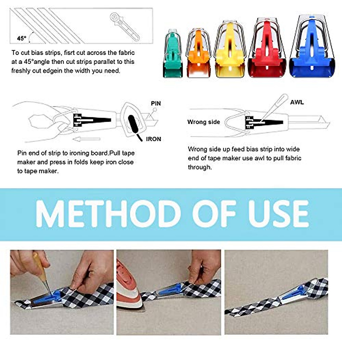 Neo LOONS Bias Tape Maker Set, Sewing Fabric Bias Tape Maker Tool Kit 6MM 9mm 12MM 18MM 25MM with 5 Pieces Cloth Clips, Awl, Sewing Craft Scissor & Soft Tape Measure Tool for Quilt Binding
