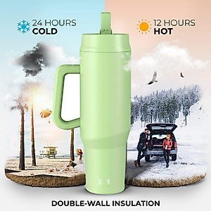 HOMESHACK 40 oz Tumbler with Handle and Foldable Straw Lid - Leakproof Insulated Stainless Steel Water Bottle - Hot & Cold Beverage Travel Mug - Reusable Iced Coffee Cup - Cupholder Friendly - Gift