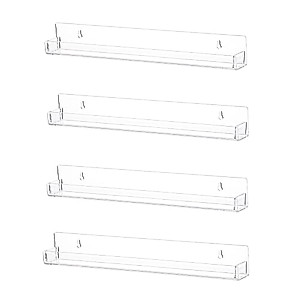 IEEK 4 PCS Floating Invisible Kids Bookshelf Wall Mounted Nail Polish Rack,Clear Acrylic Picture Ledge Vinyl Record Display Shelf Nail Polish Holder with Removable Anti-slip End Inserts,15 inch