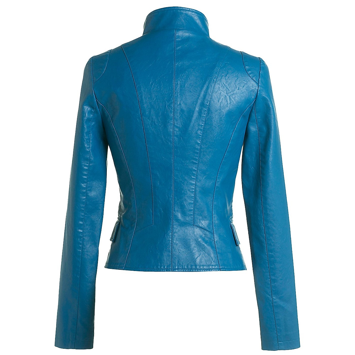 chouyatou Women's Stylish Oblique Zip Slim Faux Leather Biker Outerwear Jacket (Small, Blue)