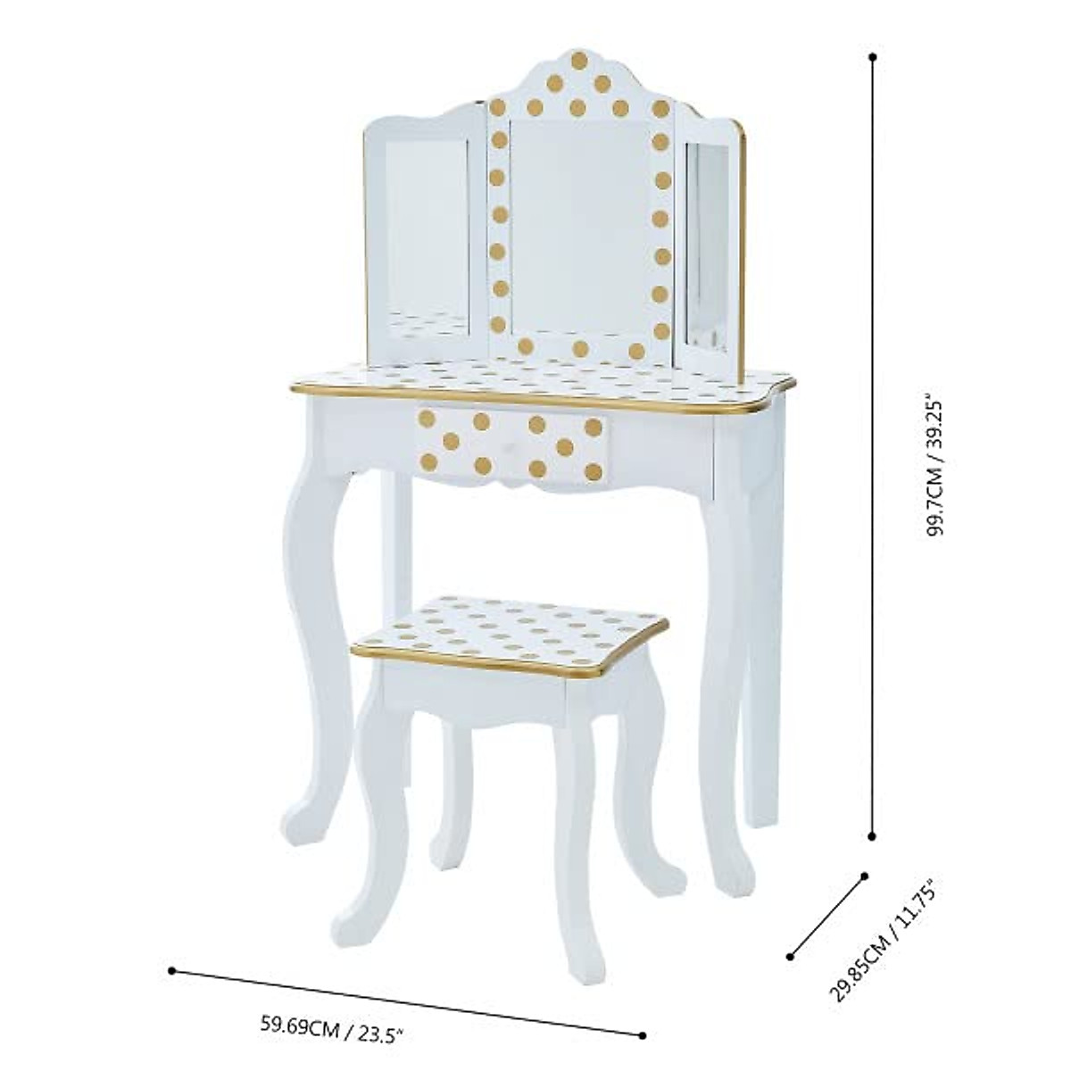 Fantasy Fields Teamson Kids Pretend Play Kids Vanity Table and Chair Vanity Set with LED Mirror Makeup Dressing Table with Drawer Fashion Polka Dot Prints Gisele Play Vanity Set White/Gold
