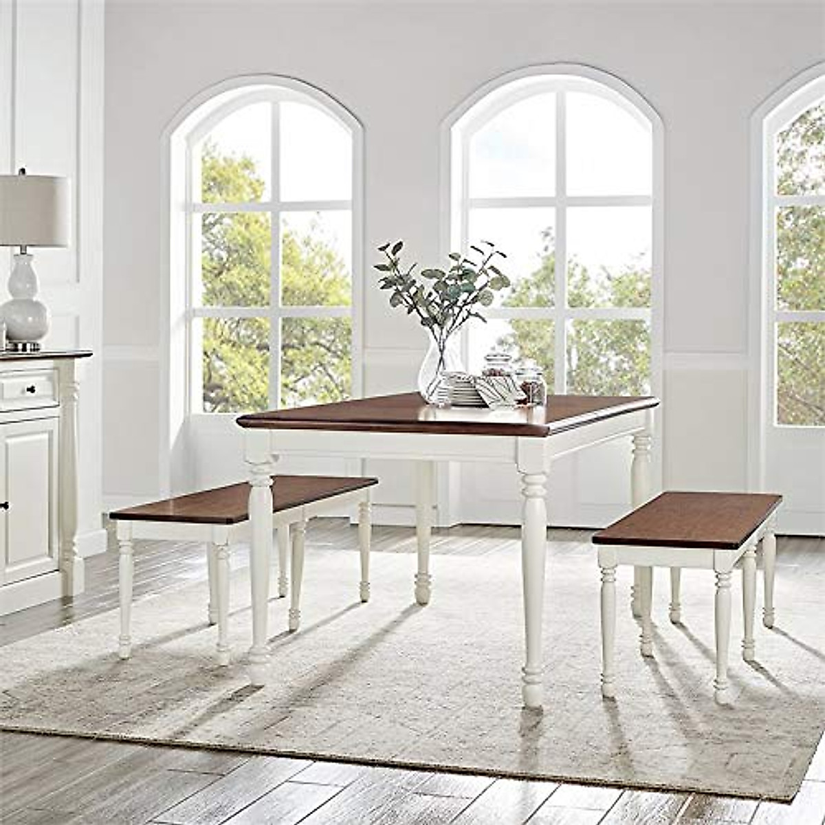 Crosley Furniture Shelby Dining Set with Table and Extension Leaf, 3-Piece (2 Benches), Distressed White